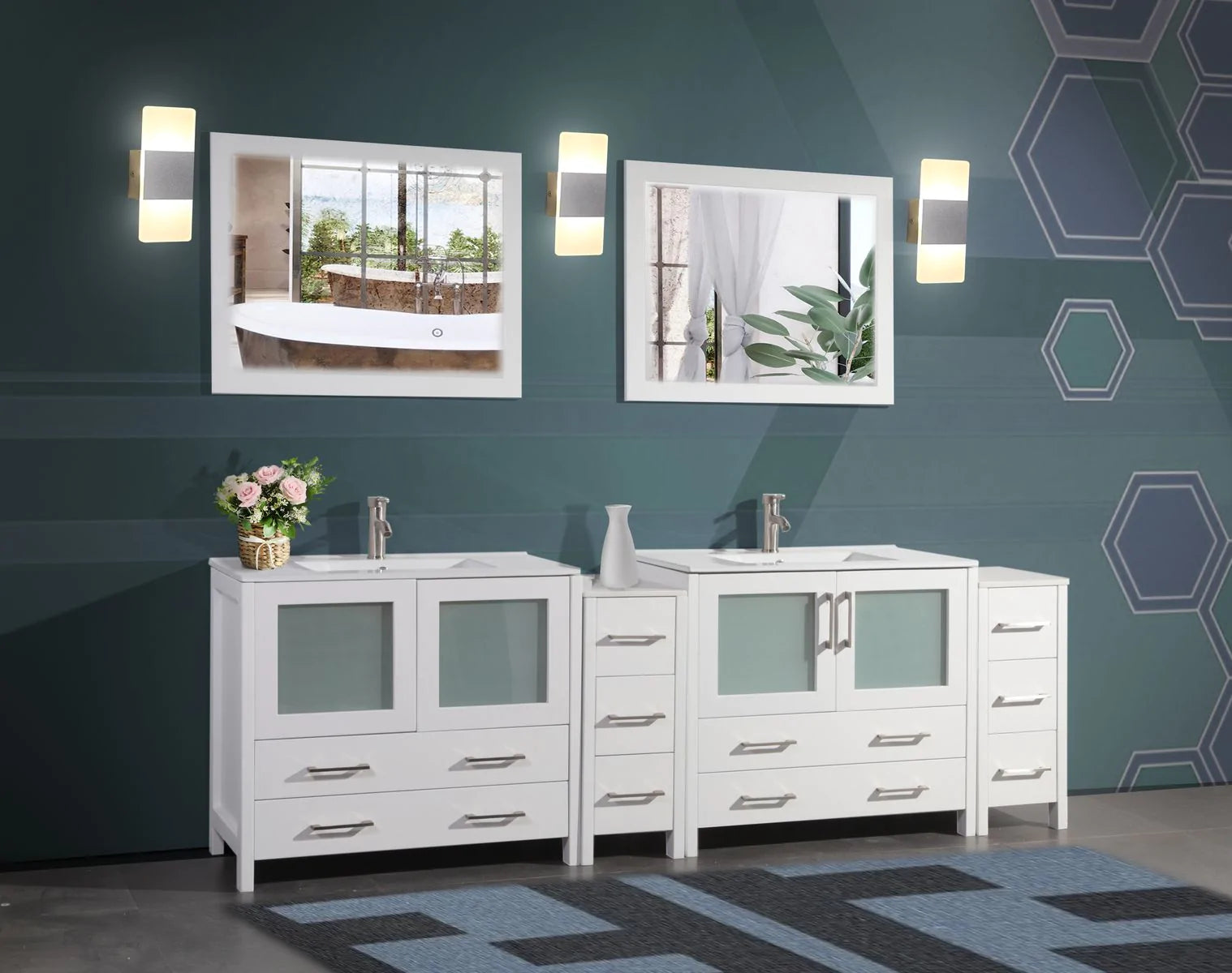 96 in. Double Sink Modern Bathroom Vanity Compact Set in White ...